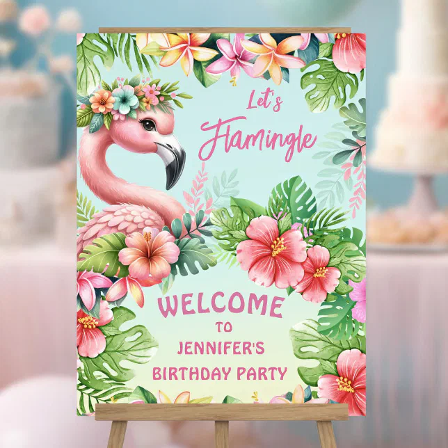 Let’s Flamingle Girls Pink Flamingo Birthday Party Foam Board | Zazzle
