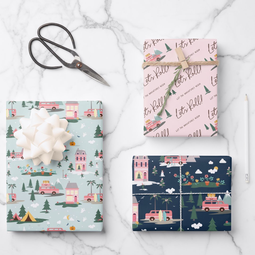 Let The Adventure Begin Chic Pink Retro Van Travel Wrapping Paper ...