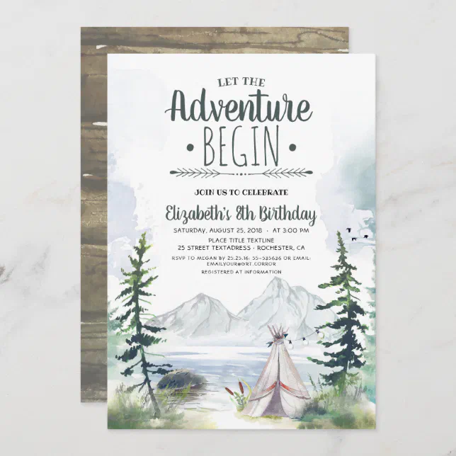 Let The Adventure Begin Mountains Camping Birthday Invitation | Zazzle