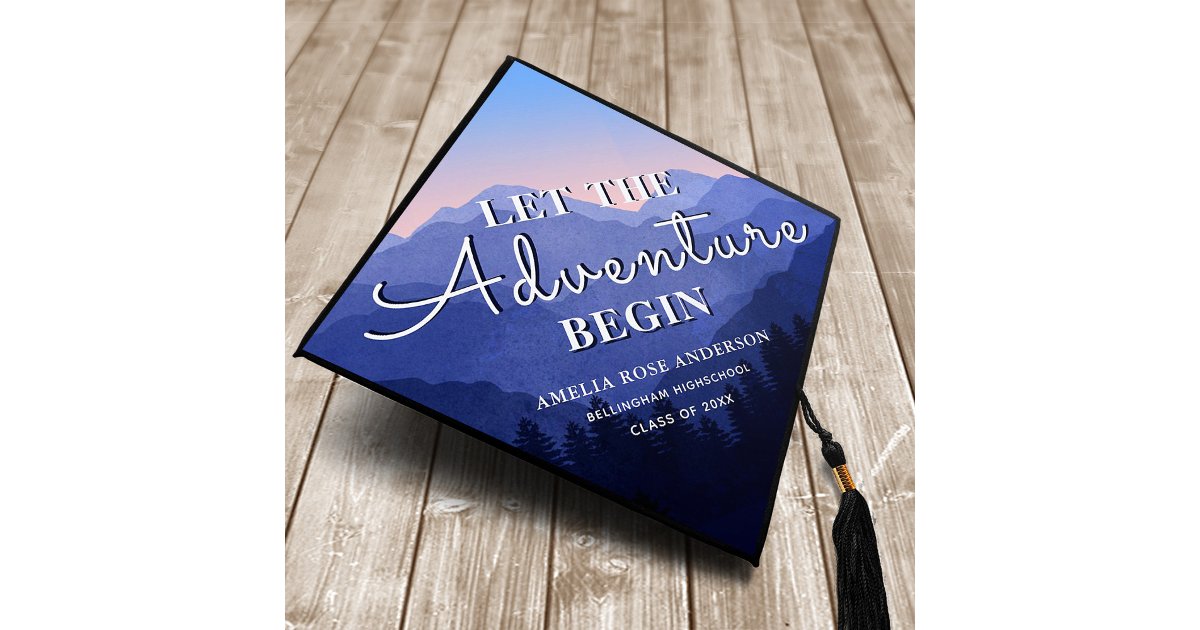 Let The Adventure Begin Rustic Mountain Graduation Cap Topper | Zazzle