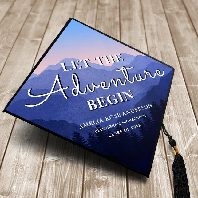 Let The Adventure Begin Rustic Mountain Graduation Cap Topper | Zazzle