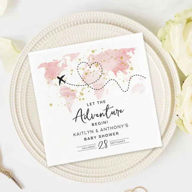 "Let The Adventure Begin!" Travel Map Baby Shower Napkins | Zazzle