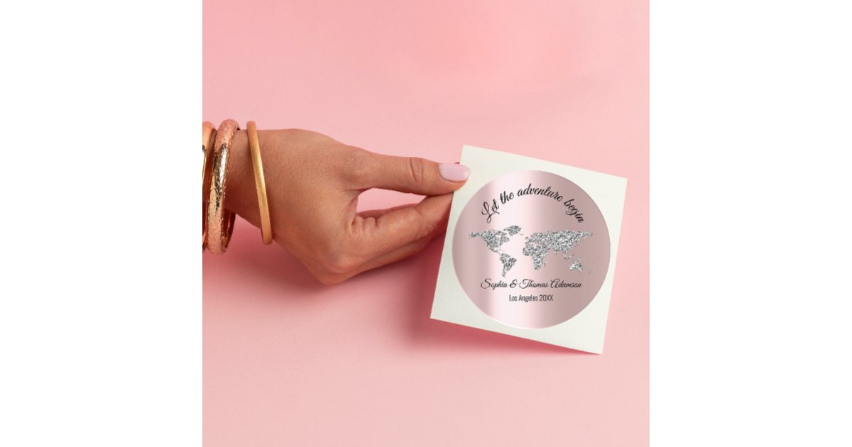 Let The Adventure Begin Wedding World Rose Gray Classic Round Sticker ...