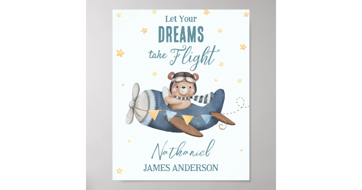 Let Your Dream Take Flight Cute Bear Blue Plane Poster | Zazzle