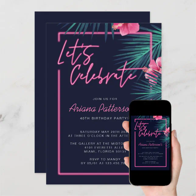 Let's Celebrate Electric NeonTropical Birthday Invitation | Zazzle