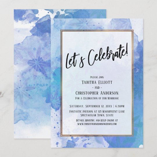 Let's Celebrate Gold Border Abstract Blue Splash Invitation | Zazzle.com
