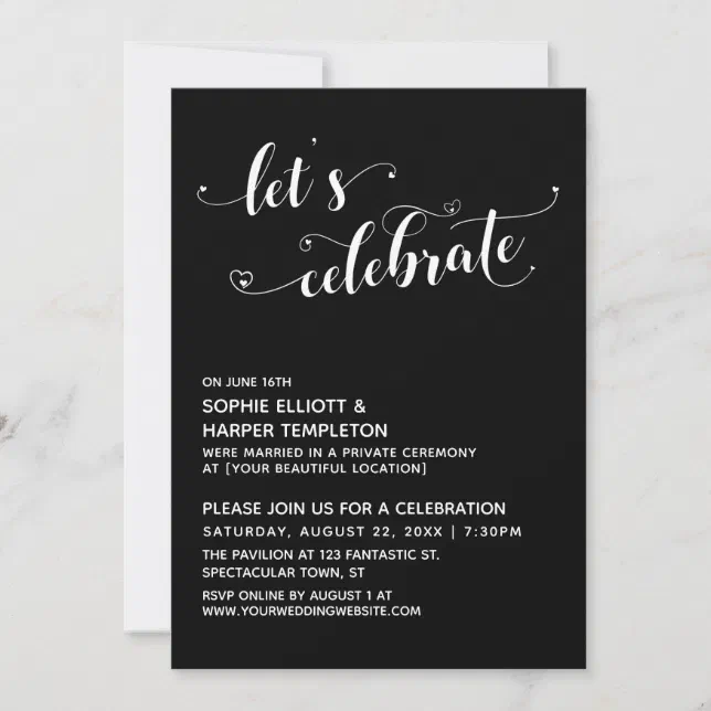 Let's Celebrate Hearts Script Black Reception Invitation | Zazzle