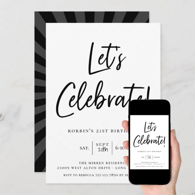 Let's Celebrate Modern Black Script Birthday Invitation | Zazzle