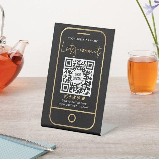Let's Connect QR Code Black & Gold Scannable Pedestal Sign | Zazzle