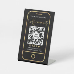 Let's Connect QR Code Black & Gold Scannable Pedestal Sign | Zazzle