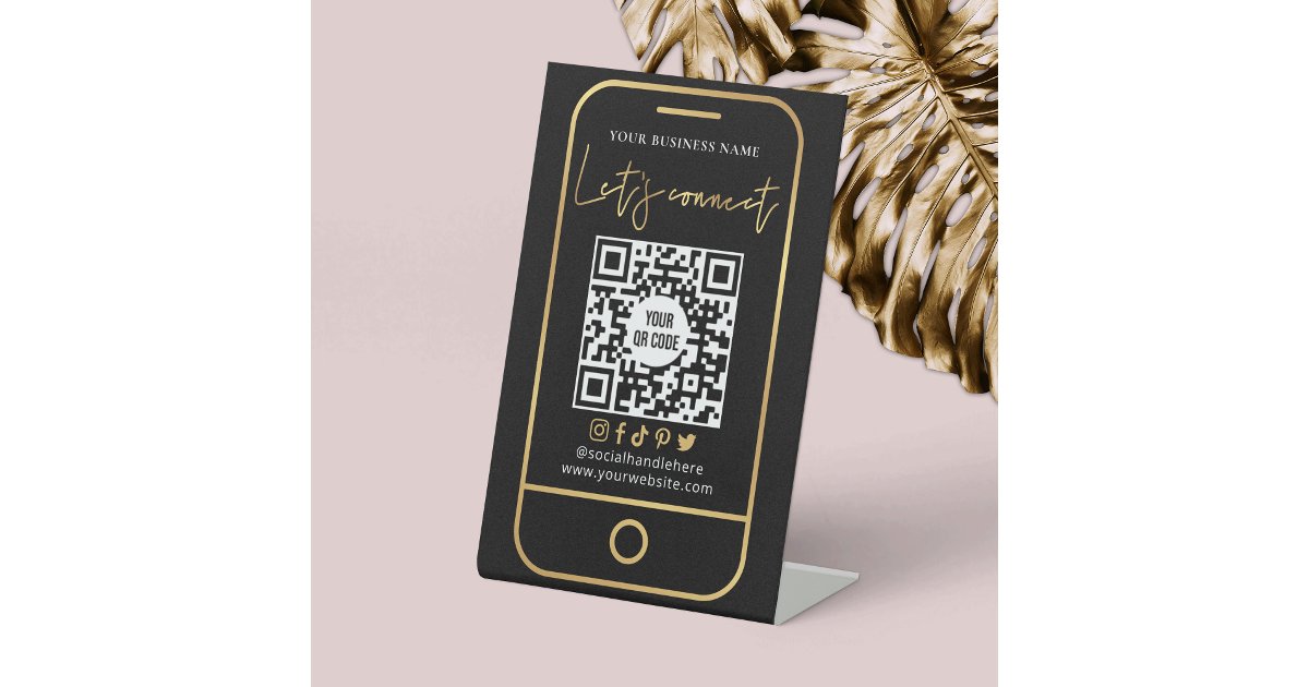 Let's Connect QR Code Black & Gold Scannable Pedestal Sign | Zazzle