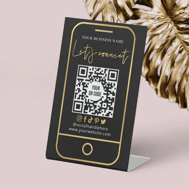 Let's Connect QR Code Black & Gold Scannable Pedestal Sign | Zazzle