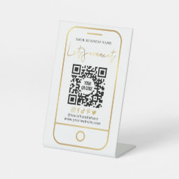Let's Connect QR Code White & Gold Scannable Pedestal Sign | Zazzle