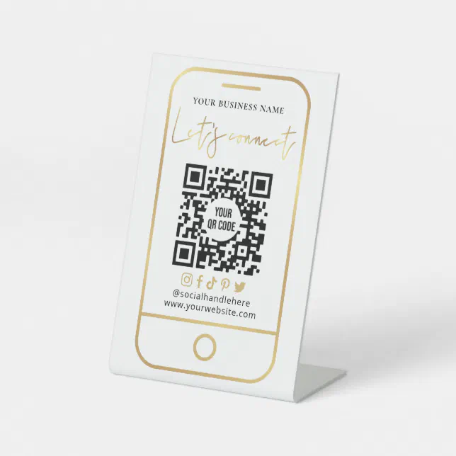 Let's Connect QR Code White & Gold Scannable Pedestal Sign | Zazzle