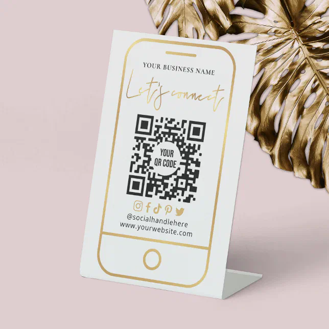 Let's Connect QR Code White & Gold Scannable Pedestal Sign | Zazzle