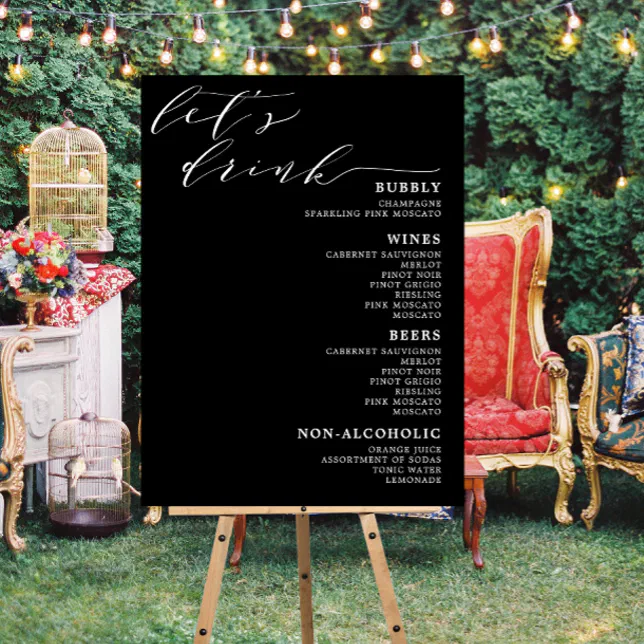 Let's Drink Black White Wedding Bar Menu Sign | Zazzle