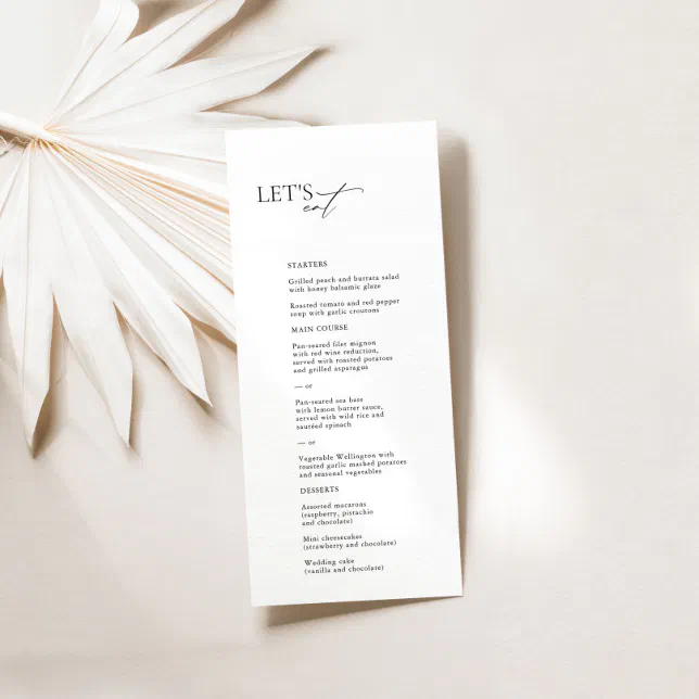 "Let's Eat" Elegant Black & White Wedding Menu | Zazzle