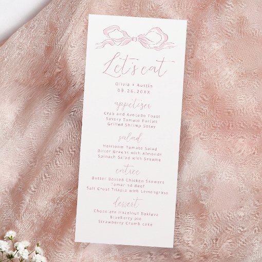 Let's Eat Elegant Pink Hand Drawn Bow Wedding Menu | Zazzle