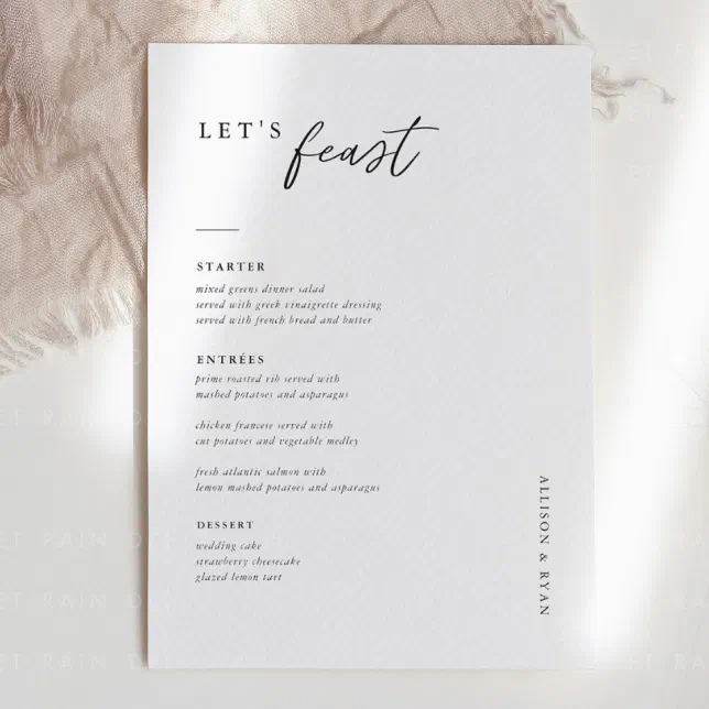 Let's Feast Minimalist Wedding Menu Cards | Zazzle