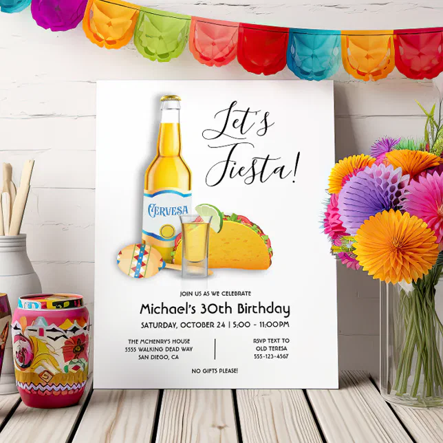 Let's Fiesta Beer tequila shot taco Birthday Invit Invitation | Zazzle