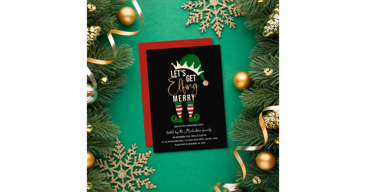 Let's Get Elfing Merry Elf Gold Glitter Christmas Invitation | Zazzle