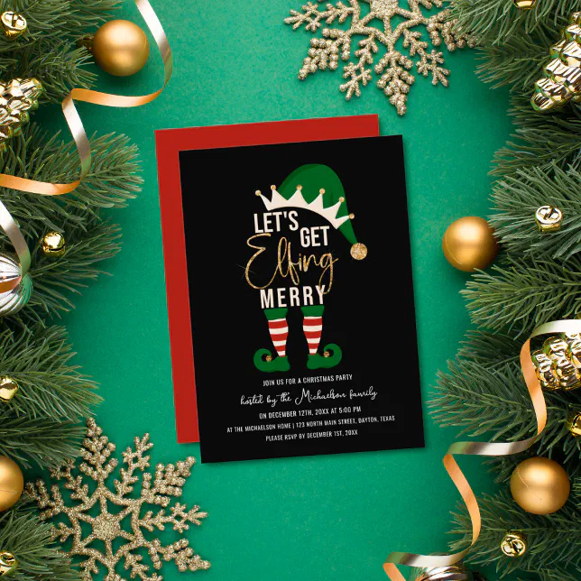 Let's Get Elfing Merry Elf Gold Glitter Christmas Invitation | Zazzle
