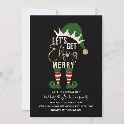 Let's Get Elfing Merry Elf Gold Glitter Christmas Invitation | Zazzle