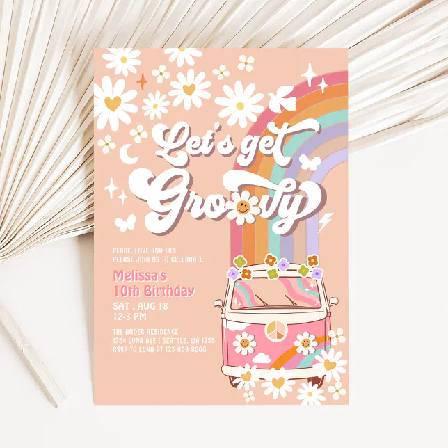 Let's Get Groovy Pink Groovy Van Daisy Birthday Invitation | Zazzle