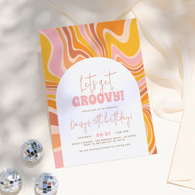 Let's Get Groovy Pink & Orange Arch Girl Birthday Invitation | Zazzle