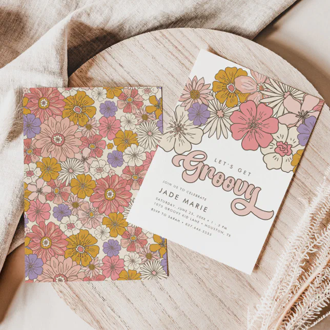 Let's Get Groovy Retro Boho Floral Girls Birthday Invitation | Zazzle
