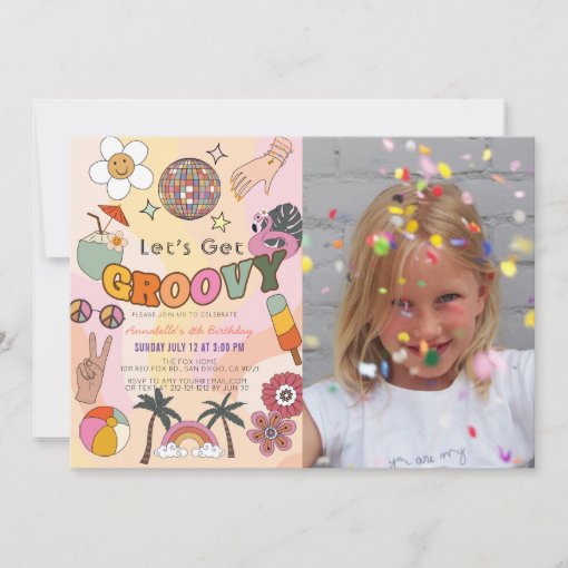 Let's Get Groovy Retro Girl Photo Birthday Invitation | Zazzle