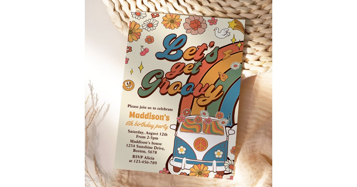 Let's Get Groovy Retro Rainbow 6th Birthday Invitation | Zazzle