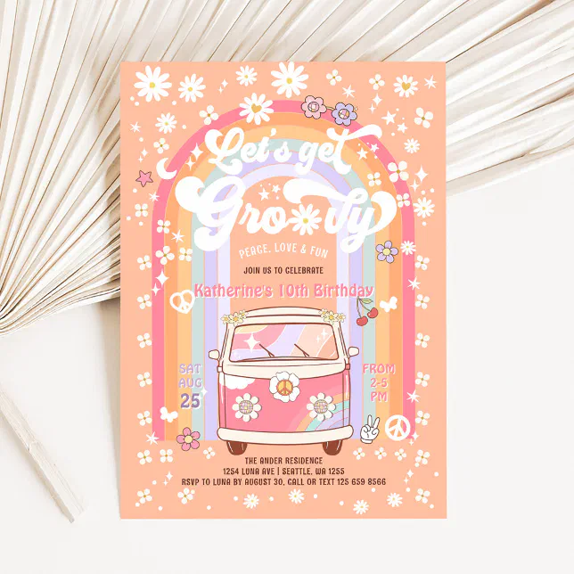 Let's Get Groovy Van Daisy Hippie 70s Birthday Invitation | Zazzle