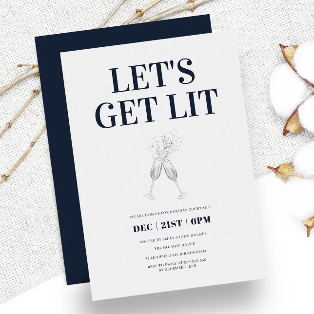 Let's Get Lit Elegant Blue Christmas Party Invitation | Zazzle