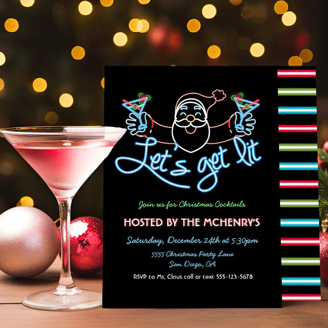 Let's get lit Neon Santa Christmas Cocktail Party Invitation | Zazzle