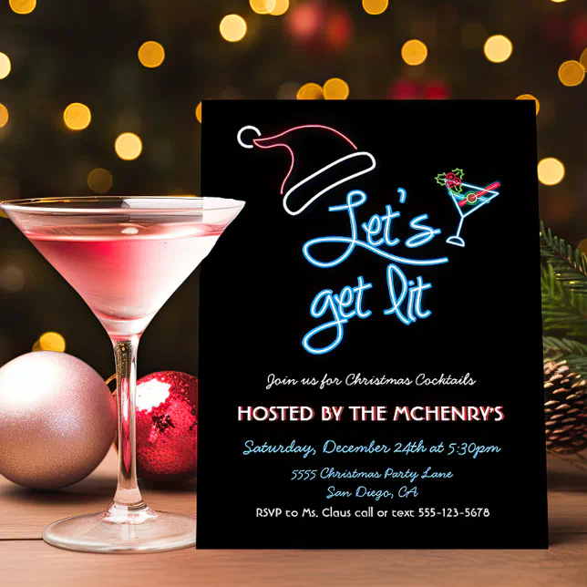 Let's get lit Neon Sign Christmas Cocktail Party Invitation | Zazzle