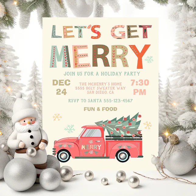 Let's Get Merry Holiday Christmas Truck Tree Invitation | Zazzle
