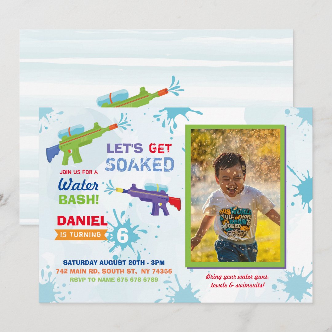 Let's get Soaked Water Gun Party Birthday Photo Invitation | Zazzle