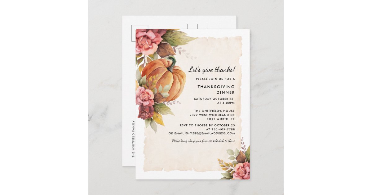Lets Give Thanks Rustic Pumpkin Thanksgiving Invitation Postcard | Zazzle