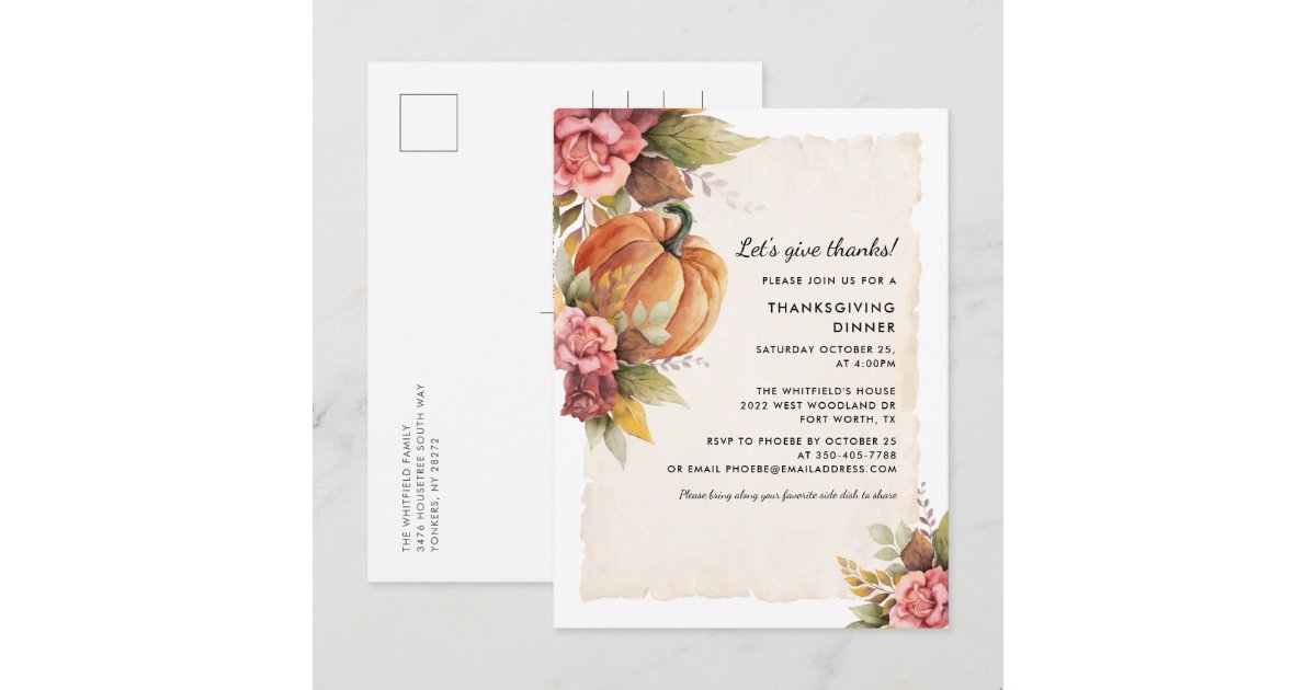 Lets Give Thanks Rustic Pumpkin Thanksgiving Invitation Postcard | Zazzle