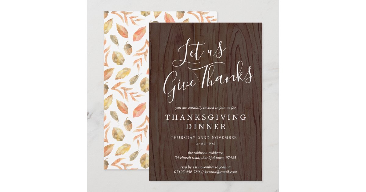 Let's Give Thanks Script Wood Thanksgiving Dinner Invitation | Zazzle