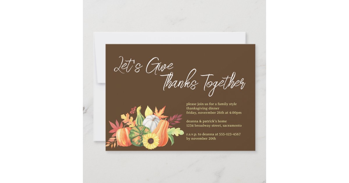 Let's Give Thanks Together Pumpkin Thanksgiving Invitation | Zazzle