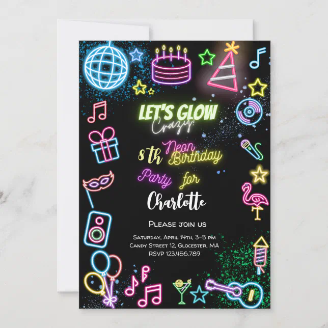 Let's glow crazy neon birthday invitation | Zazzle