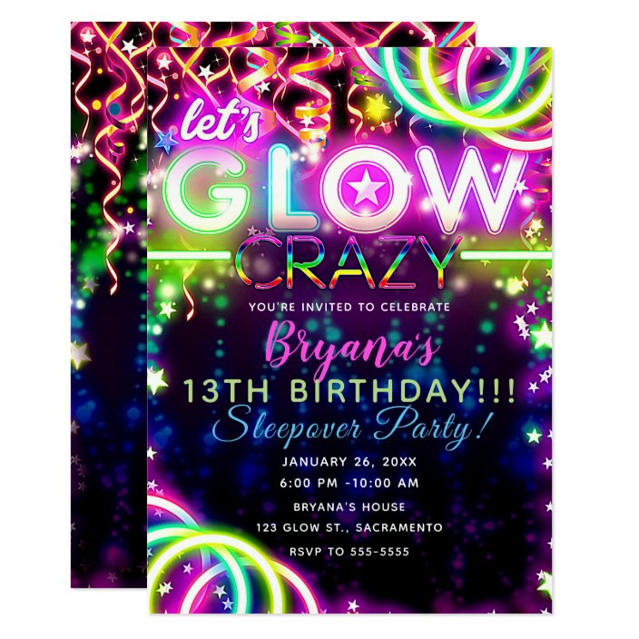 Lets Glow Crazy Neon Colorful Birthday Party Invitation