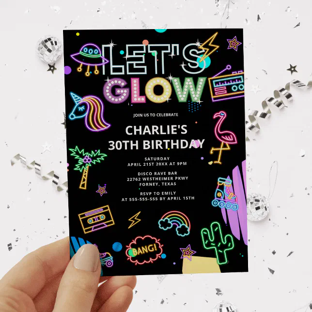 Let's Glow Millennial Retro Neon Pink Birthday Invitation | Zazzle