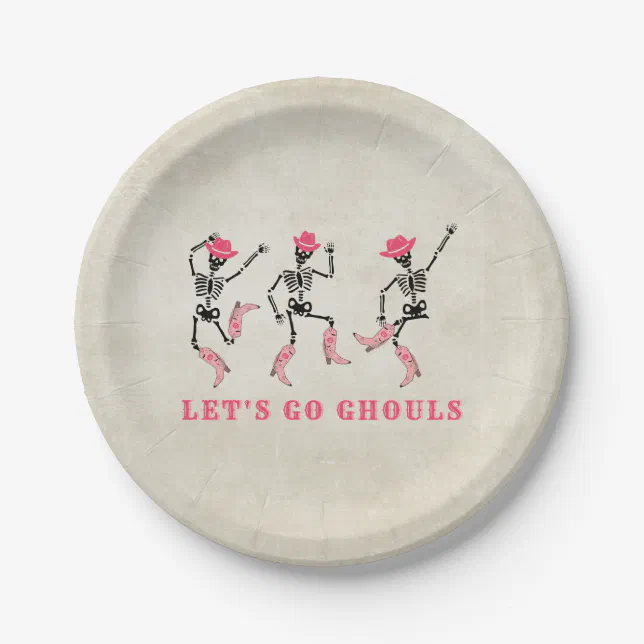 Let's Go Ghouls Halloween Skeletons Pink Cowgirl Paper Plates | Zazzle