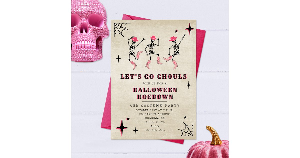 Let's Go Ghouls Skeleton Pink Halloween Party Invitation | Zazzle