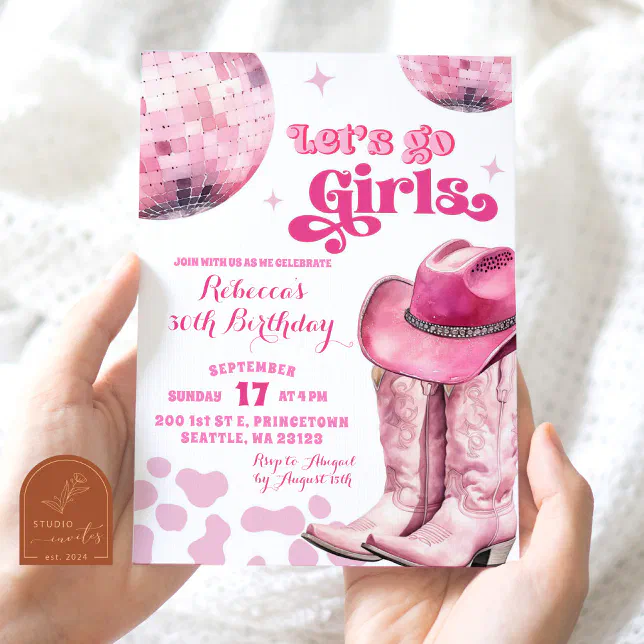 Let's Go Girls Pink Space Disco Cowgirl Birthday Invitation | Zazzle