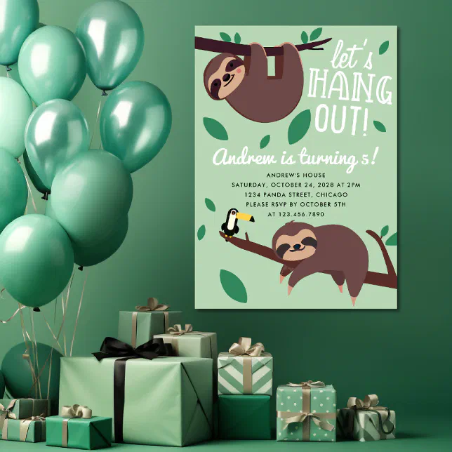 Let's hang out Cute Sloth Kids Birthday Invitation | Zazzle