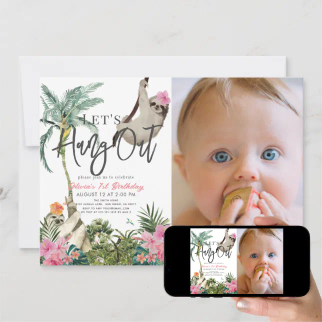 Let's Hang Out Sloth Girl 1st Birthday Photo Invitation | Zazzle